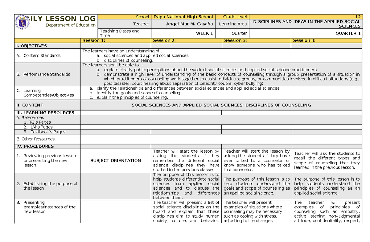 Diass Q1 WEEK1 - jjnbolhoihp;ij[pl ;][;[] l] -kpo'j - DAILY LESSON LOG ...