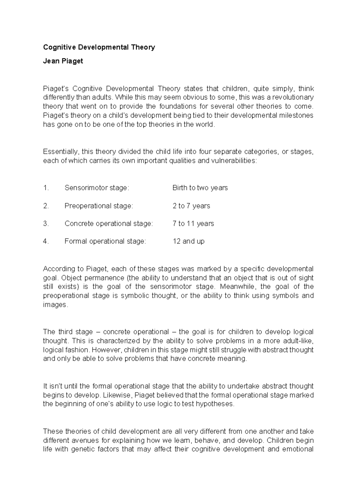 3-piaget cognitive dev theories - Cognitive Developmental Theory Jean ...