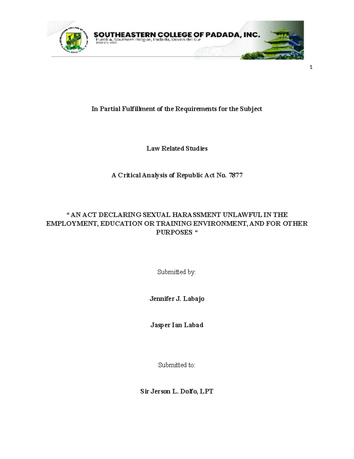 Termpaper Jennifer - SAMPLE ONLY - In Partial Fulfillment of the ...