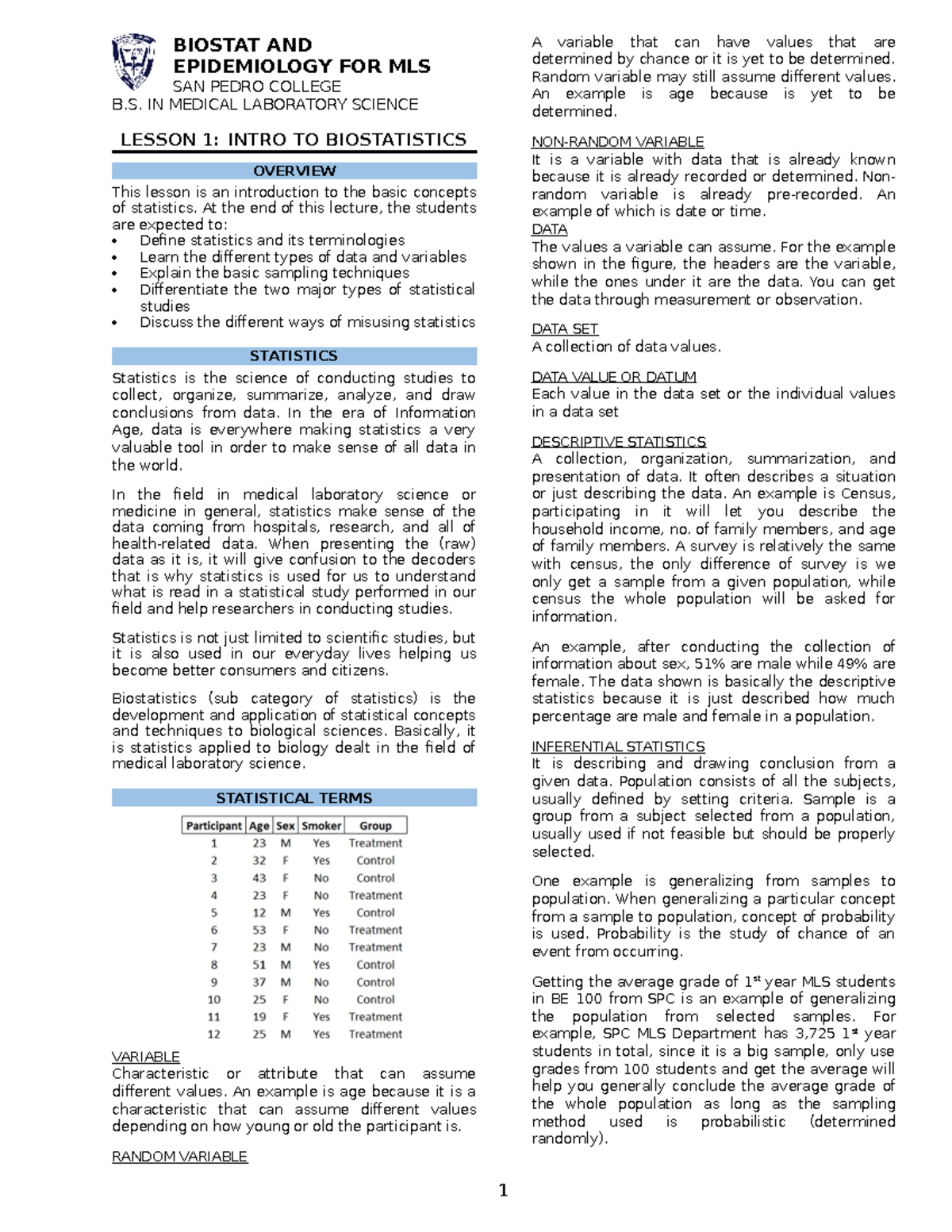 Intro TO Biostatistics - BIOSTAT AND EPIDEMIOLOGY FOR MLS SAN PEDRO ...