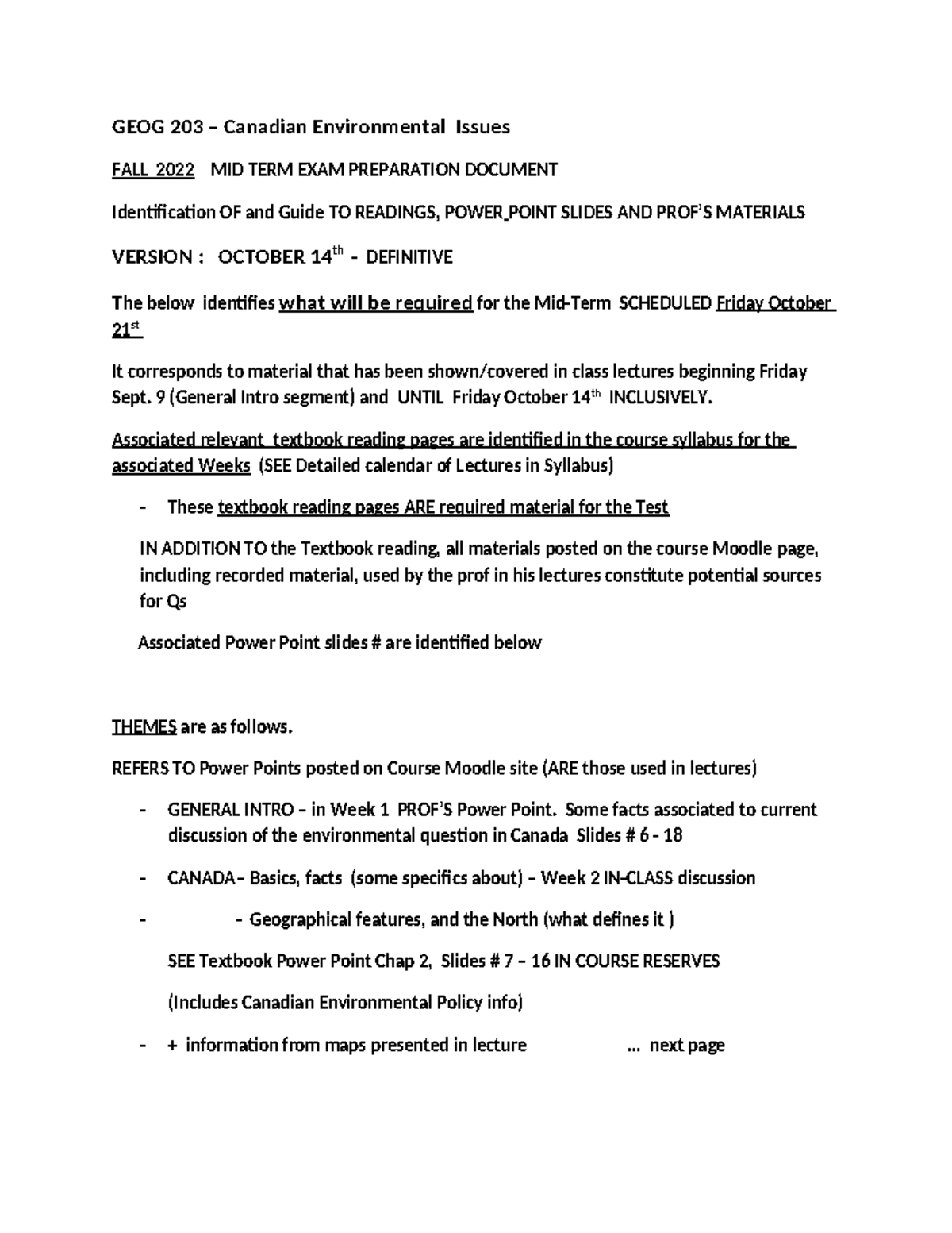 Geog midterm study guide - GEOG 203 – Canadian Environmental Issues ...