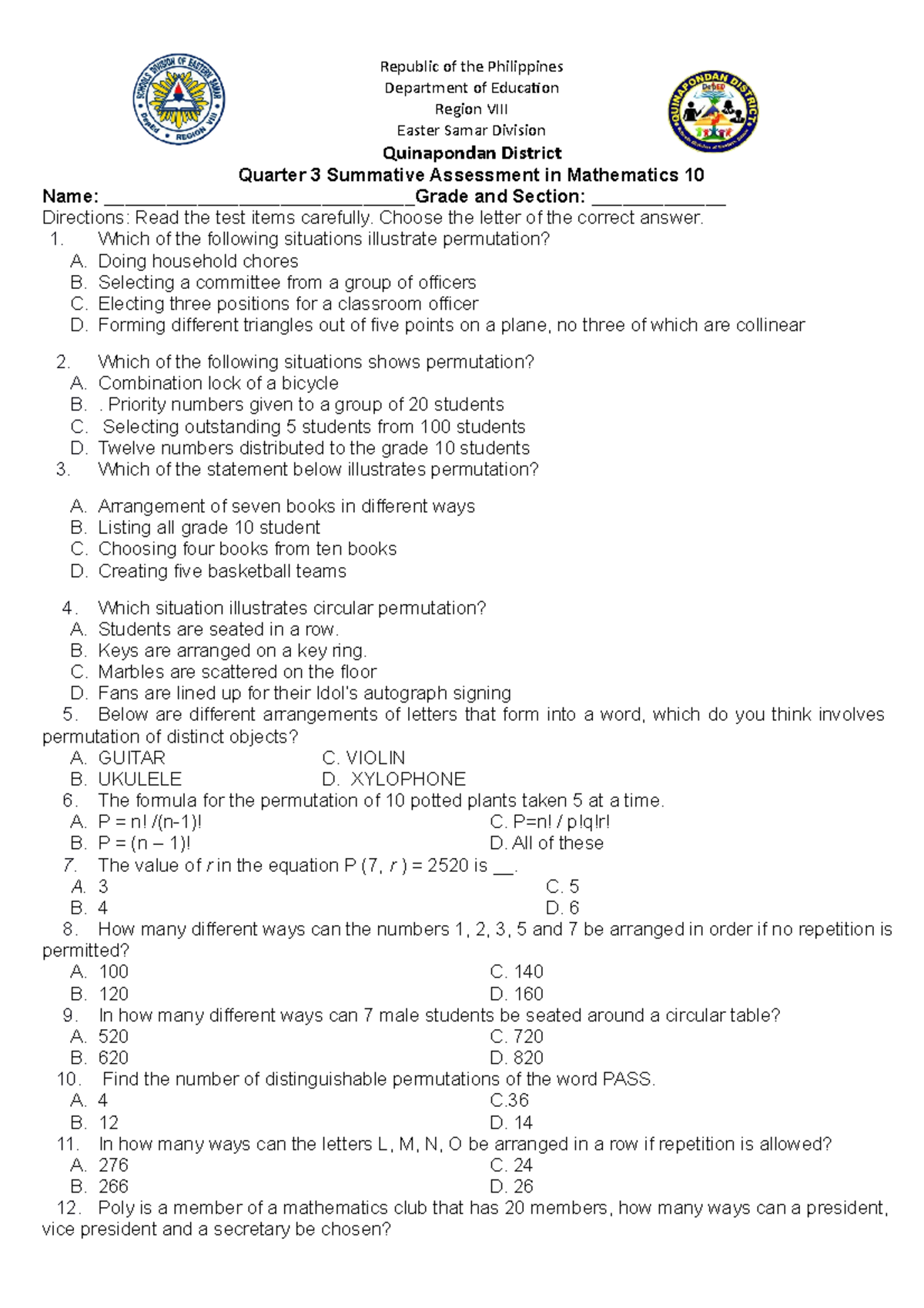 Summative Exam In Grade 10 Math Quarter 3 Republic Of The Philippines