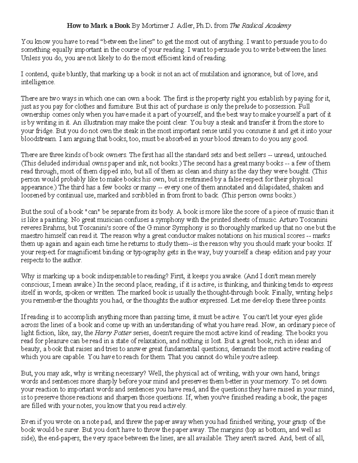 00 How to Mark a Book TEXTreading - How to Mark a Book By Mortimer J ...