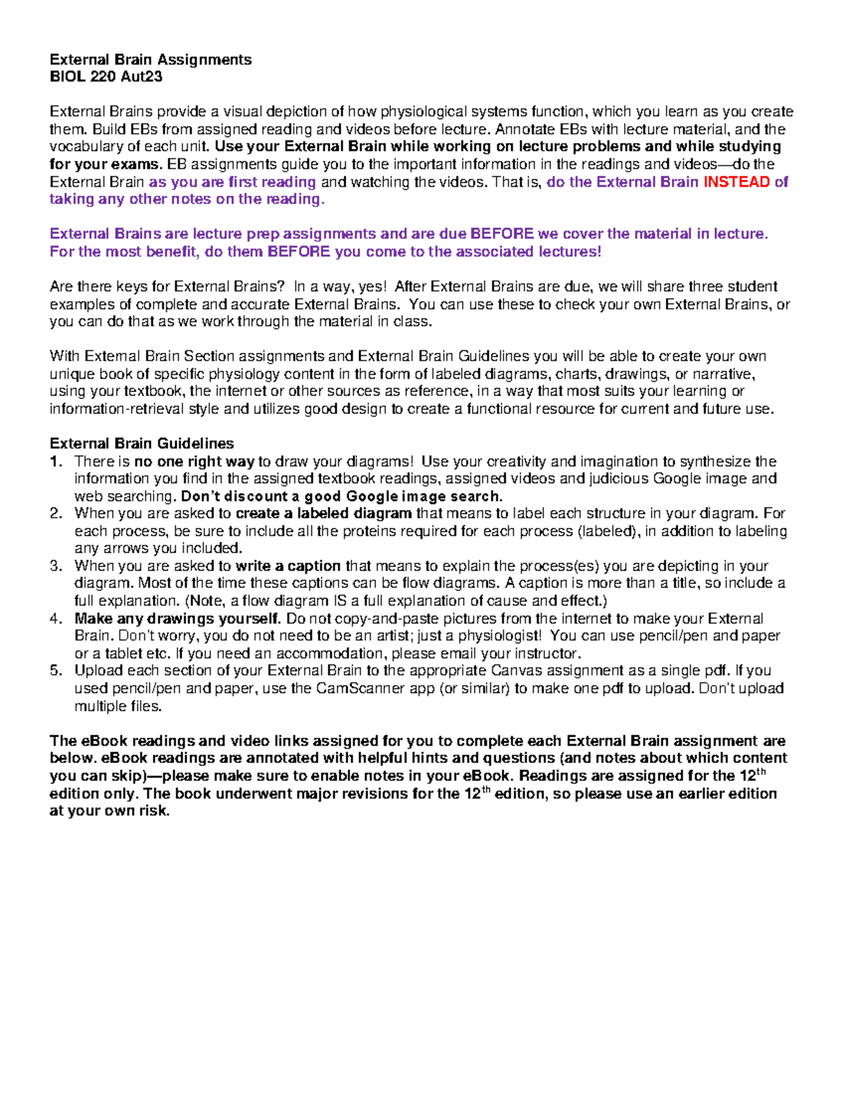 220 External Brain Aut23 - External Brain Assignments BIOL 220 Aut 23 External Brains provide a ...