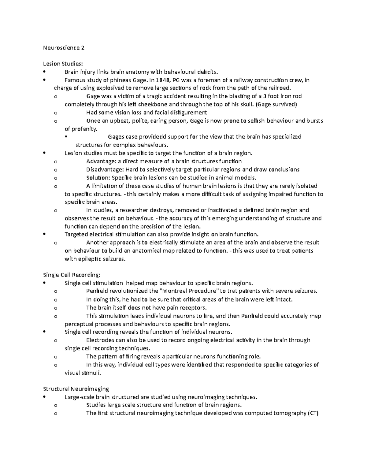 Neuroscience 2 - Lecture notes 4 - Neuroscience 2 Lesion Studies: Brain ...