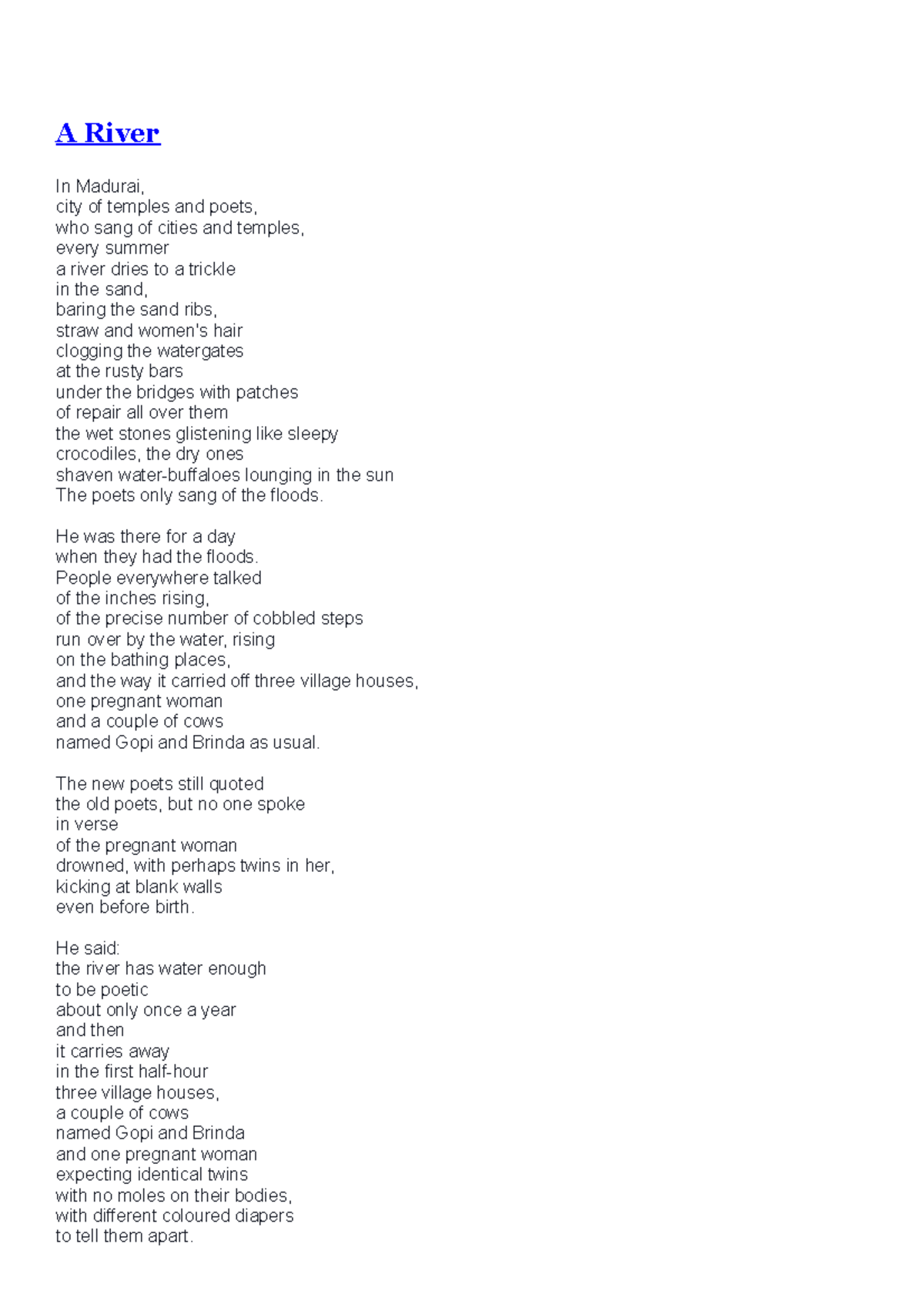 A River BY A.K. Ramanujan - A River In Madurai, city of temples and ...