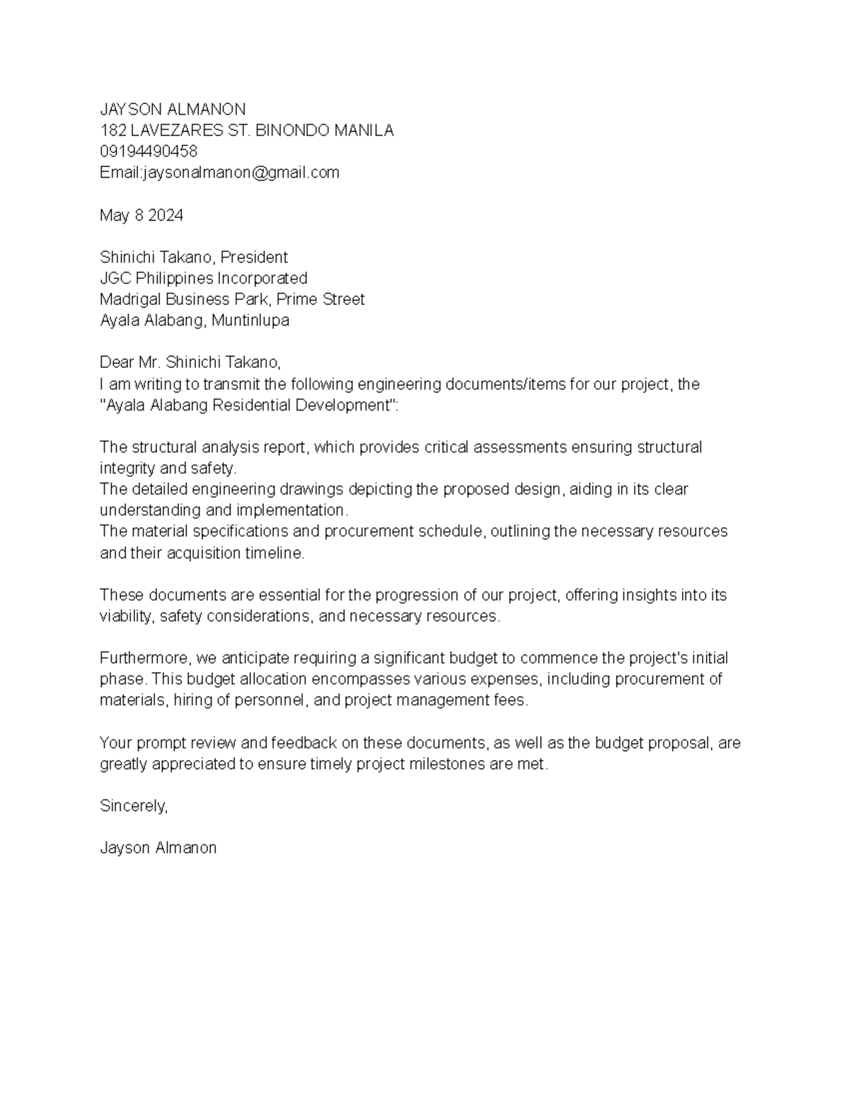 Transmital Letter - JAYSON ALMANON 182 LAVEZARES ST. BINONDO MANILA ...