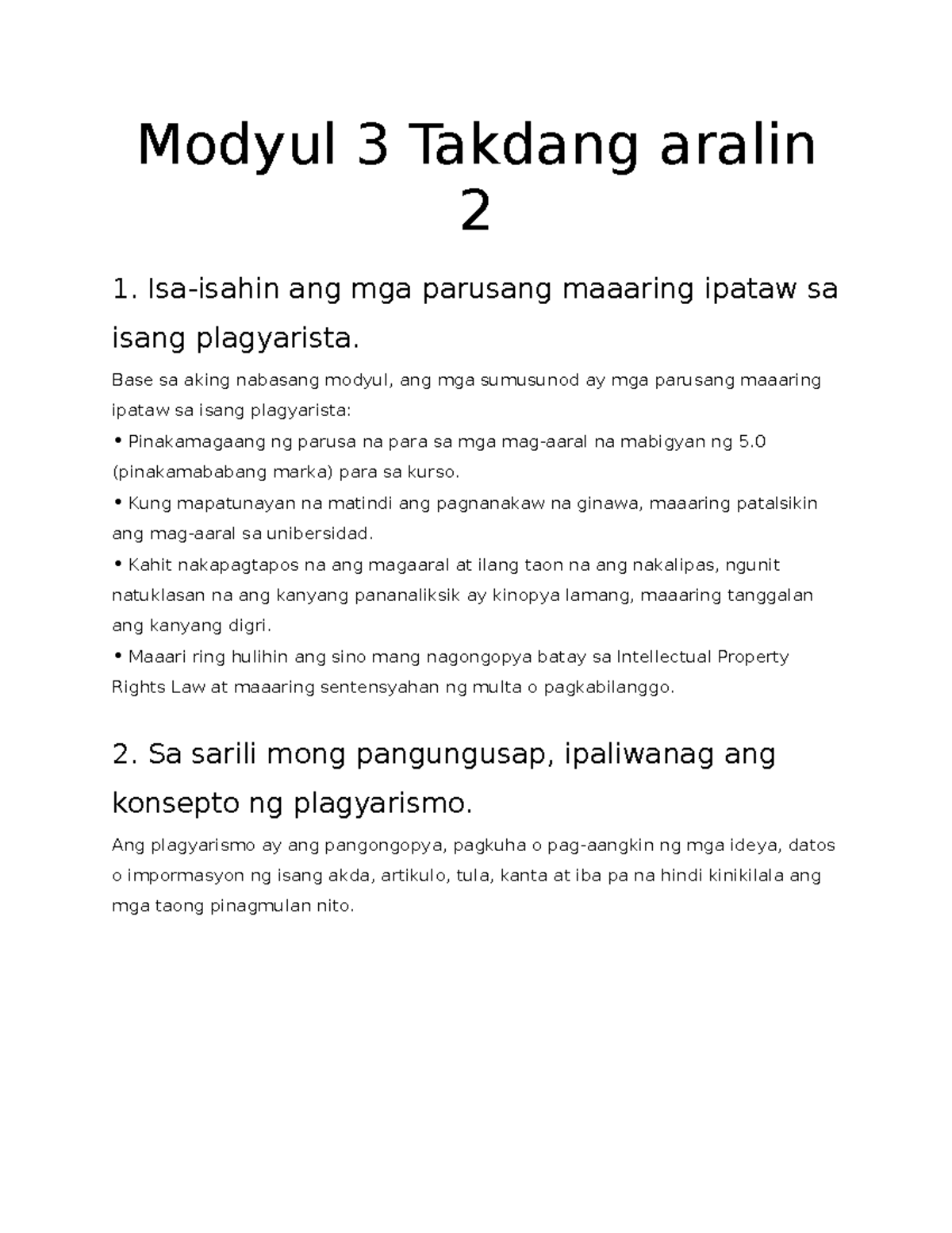 M3 TA2 - ... - Modyul 3 Takdang aralin 2 1. Isa-isahin ang mga parusang maaaring ipataw sa isang ...
