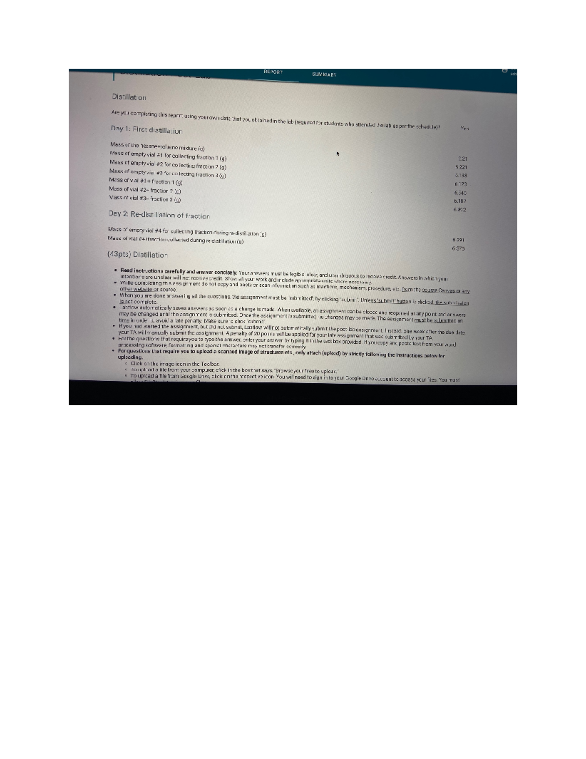 Distillation post lab - che 231 lab - J fol collecting fraction 1 (g ...