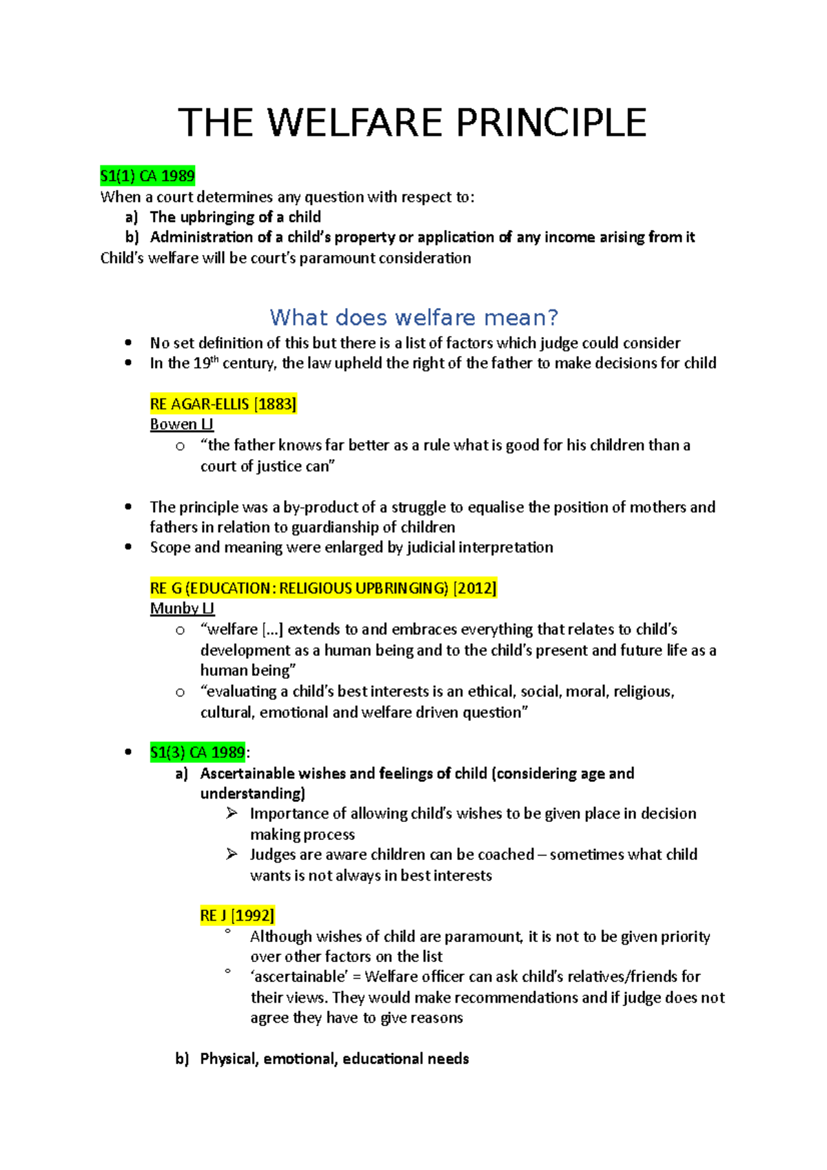 Revision - THE WELFARE PRINCIPLE S1(1) CA 1989 When a court determines ...