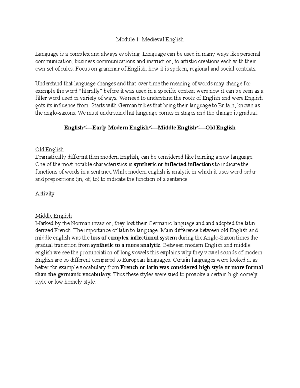 1-Medival English - Lecture notes 1 - Module 1: Medieval English ...