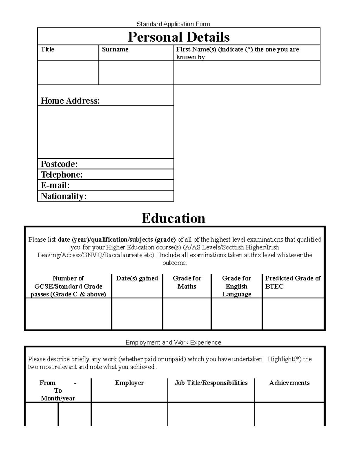 Standard Application Form - Standard Application Form Personal Details ...