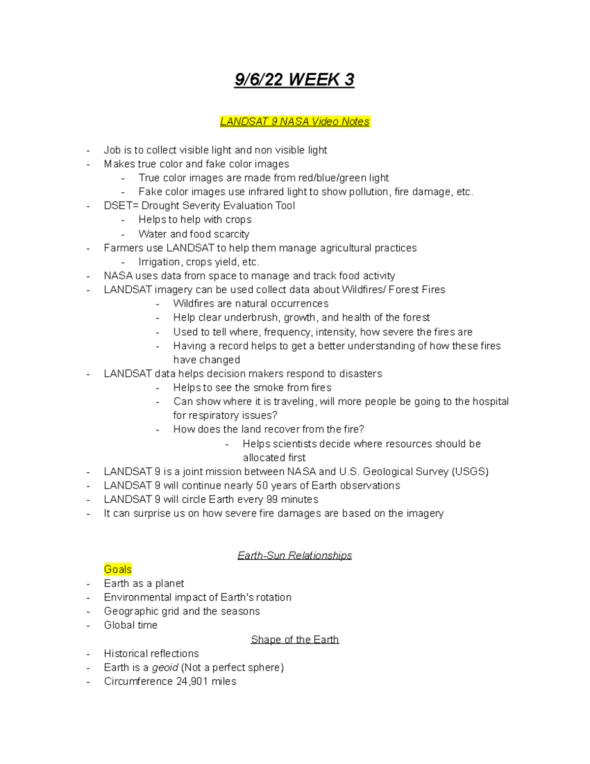 Week 2- Landsat, Earth sun relationships, Shape of earth - 9/6/22 WEEK ...