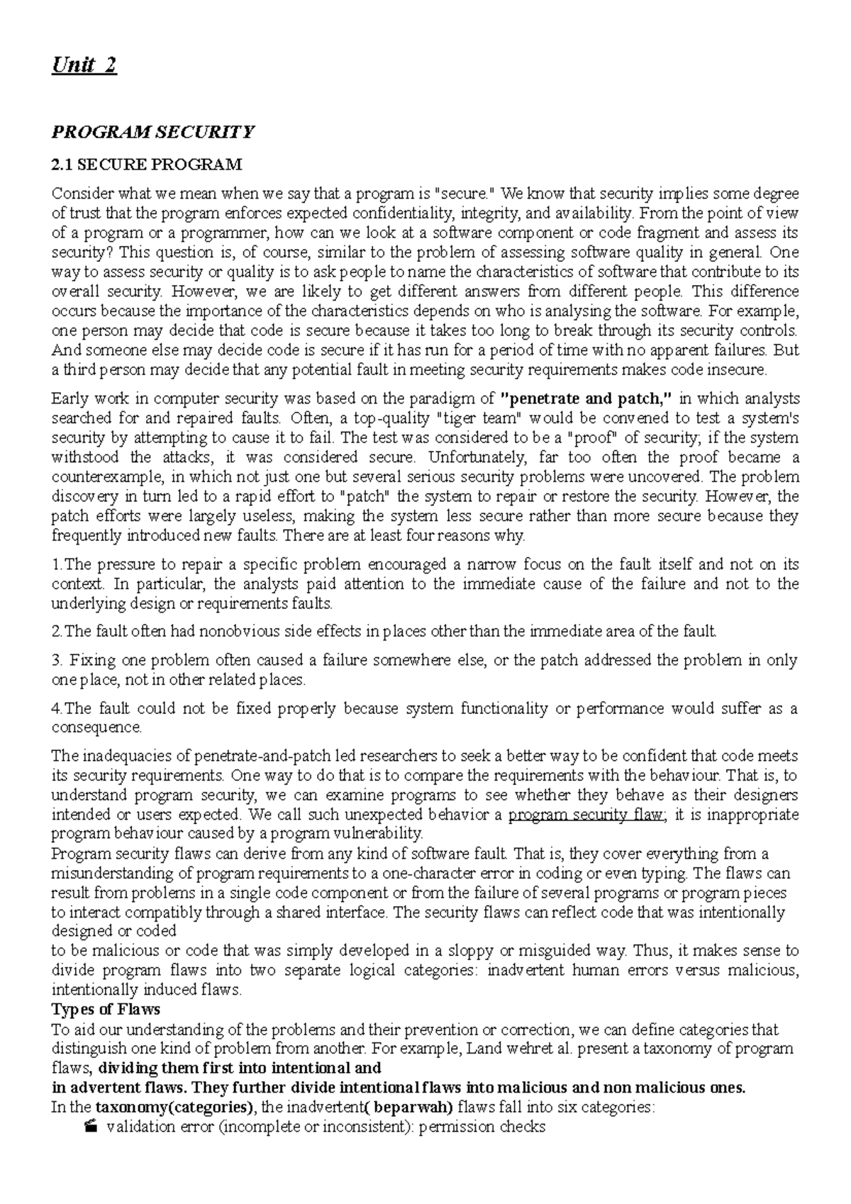 Unit2&4 - Lecture notes 12 - Unit 2 PROGRAM SECURITY 2 SECURE PROGRAM ...