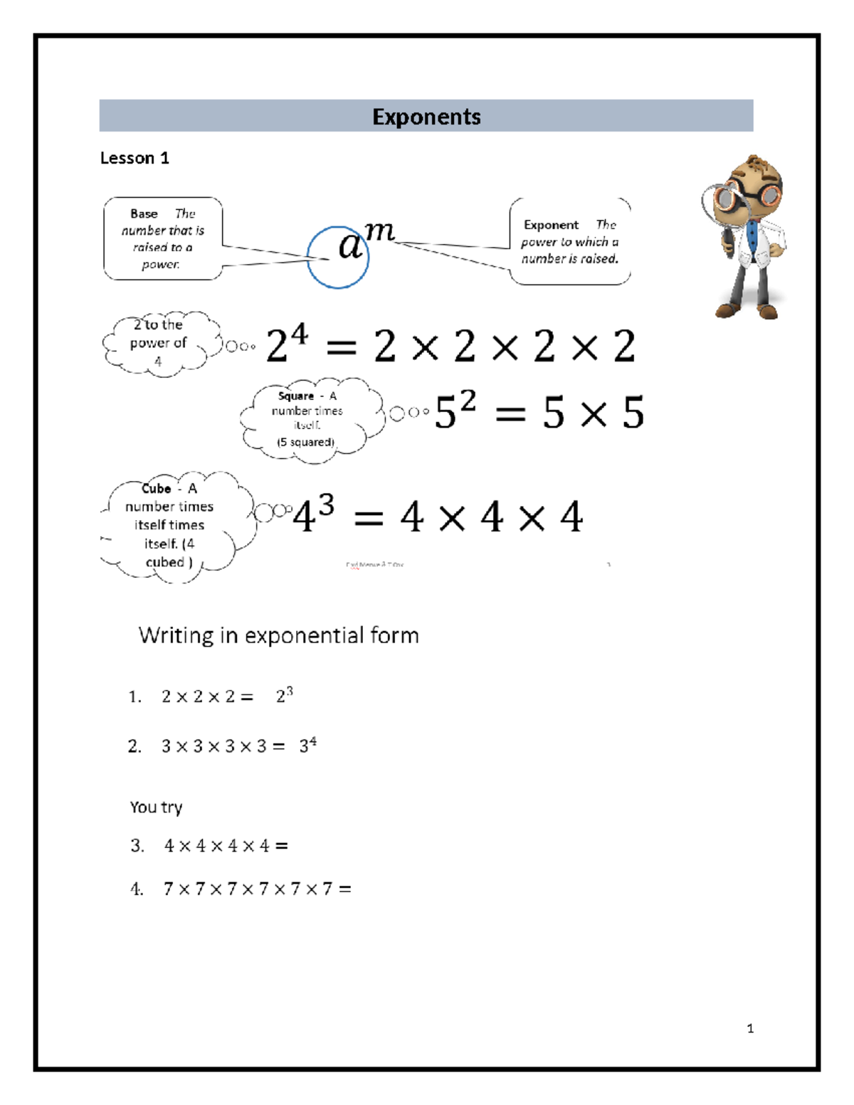 Exponents learner notes - Exponents Lesson 1 Exercise 1 1. Complete the ...