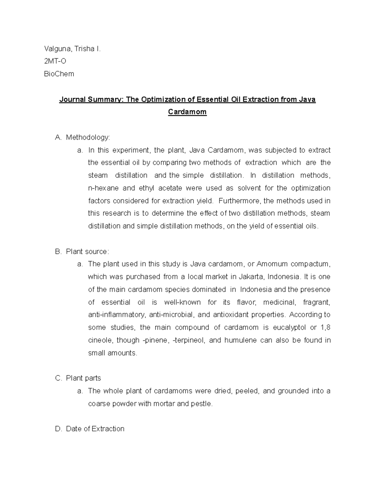 Journal Summary - Valguna, Trisha I. 2MT-O BioChem Journal Summary: The ...