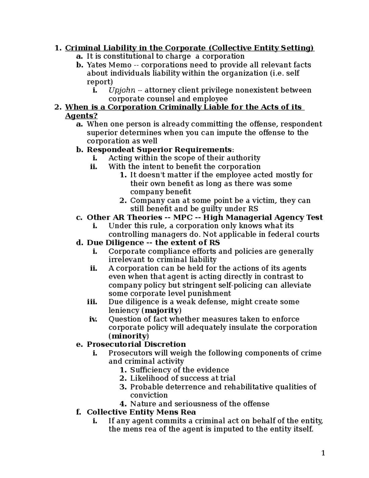 White Collar Attack Outline Fall 2017 - 1. Criminal Liability in the ...