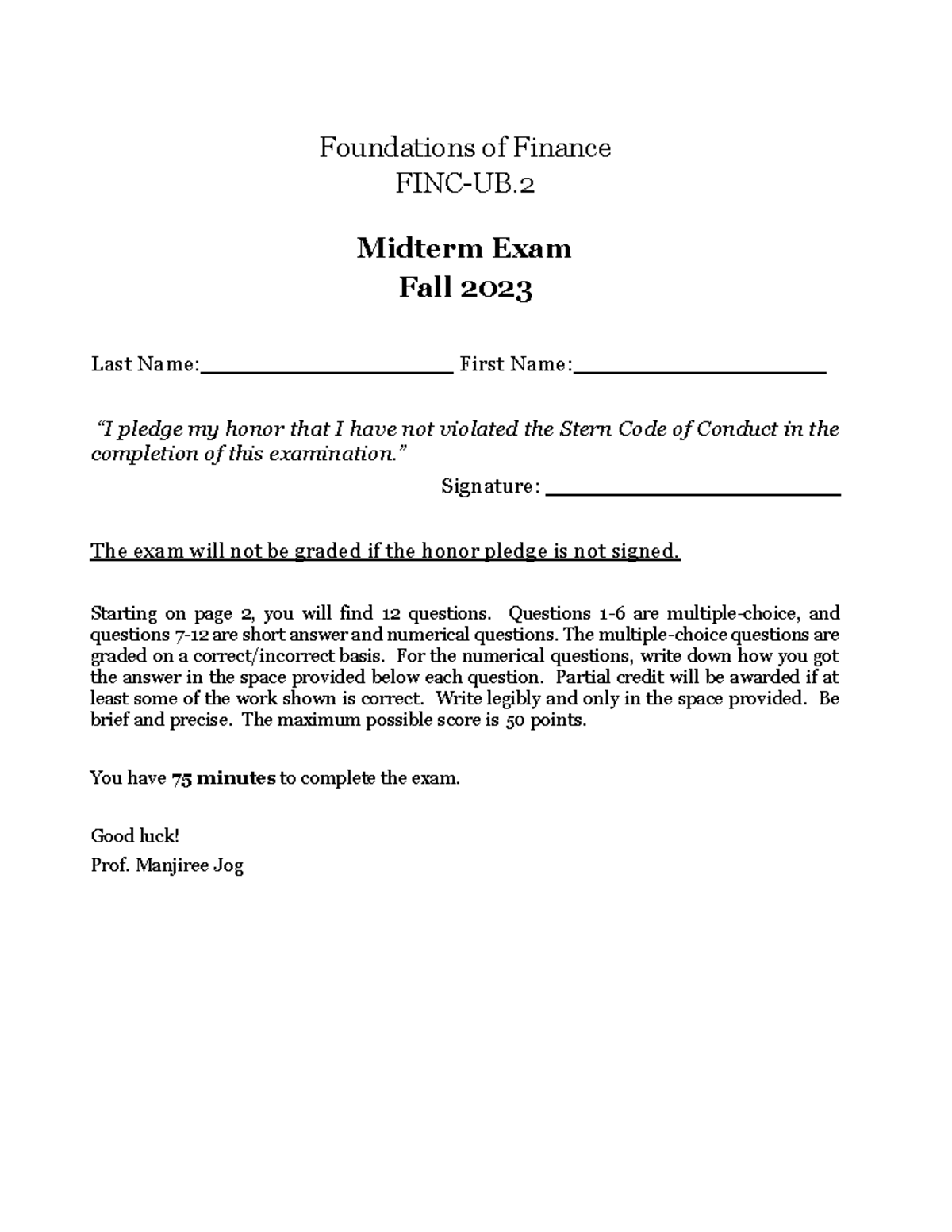 FINC UB 2 Midterm Fall 2023 - Foundations of Finance FINC-UB. Midterm ...