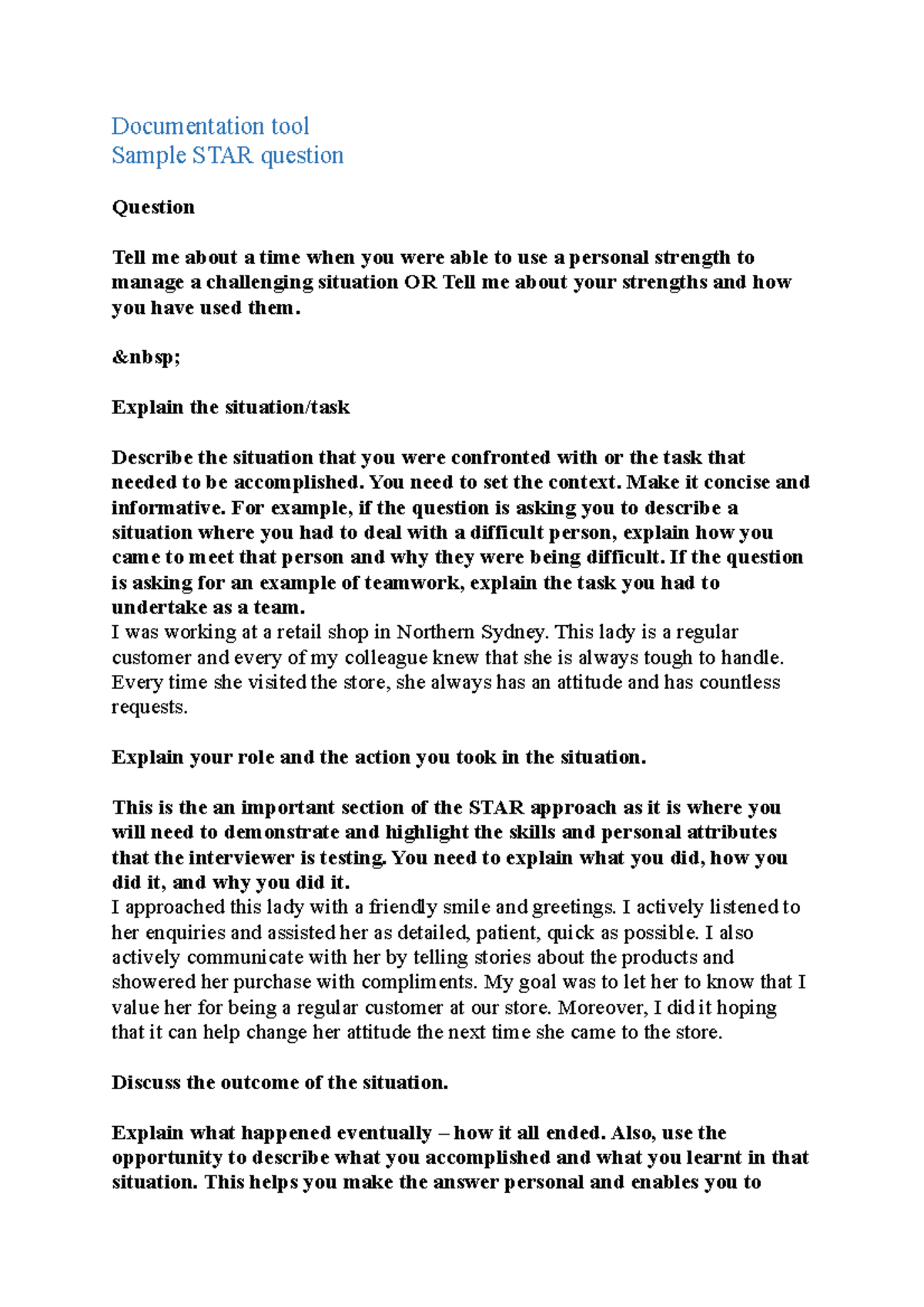 STAR Statement - tutorial work examples - Documentation tool Sample ...
