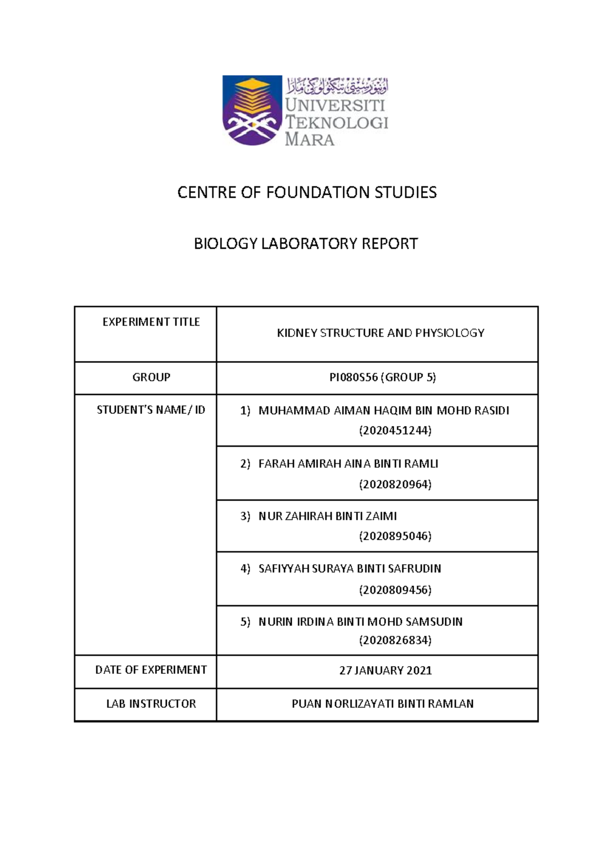 LAB Report Kidney Structures AND Physiology - CENTRE OF FOUNDATION ...