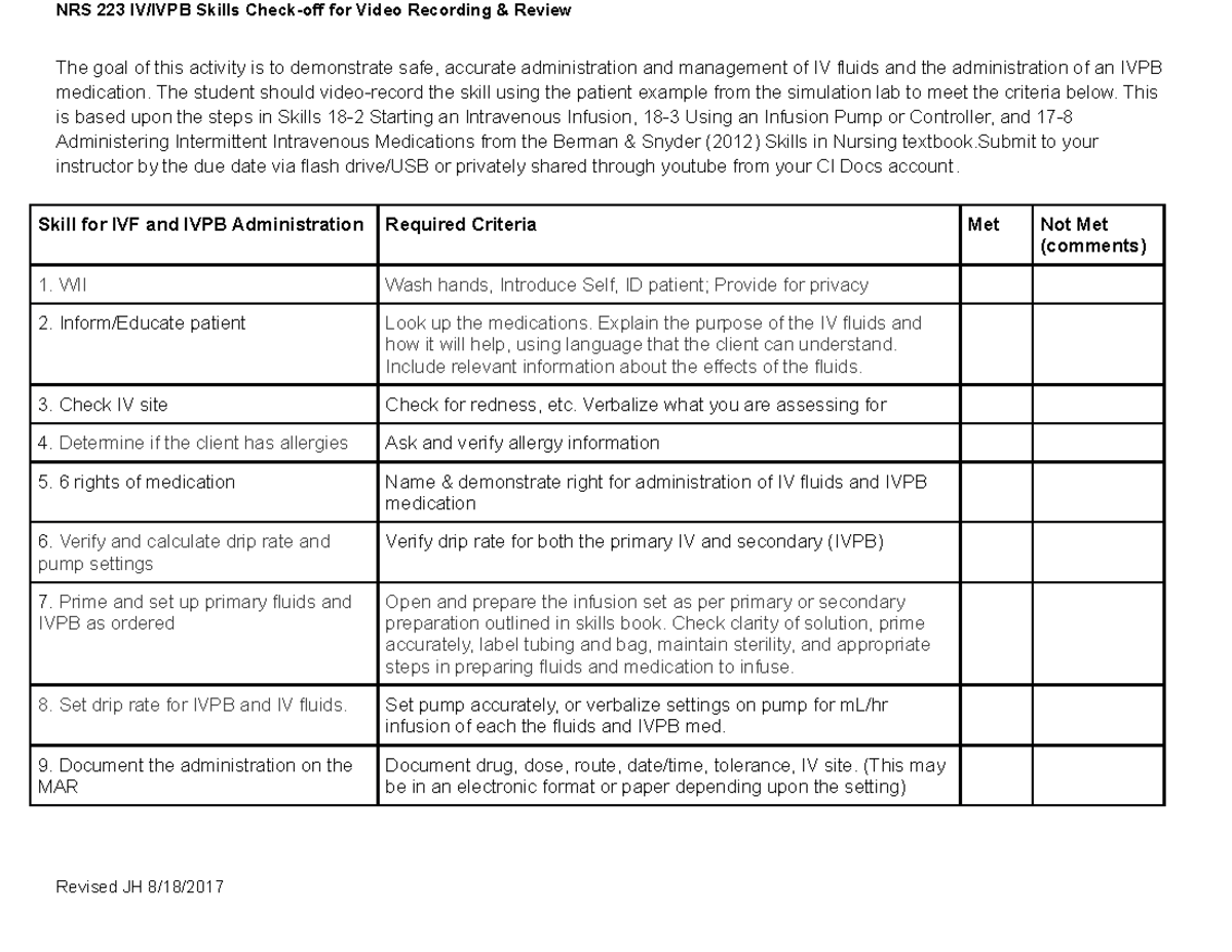 223 IV Fluid & IVPB Checklist - NRS 223 IV/IVPB Skills Check-off for ...