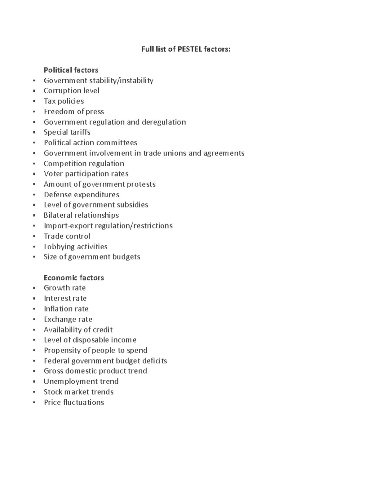 Full list of Pestel factors - Full list of PESTEL factors: Political ...