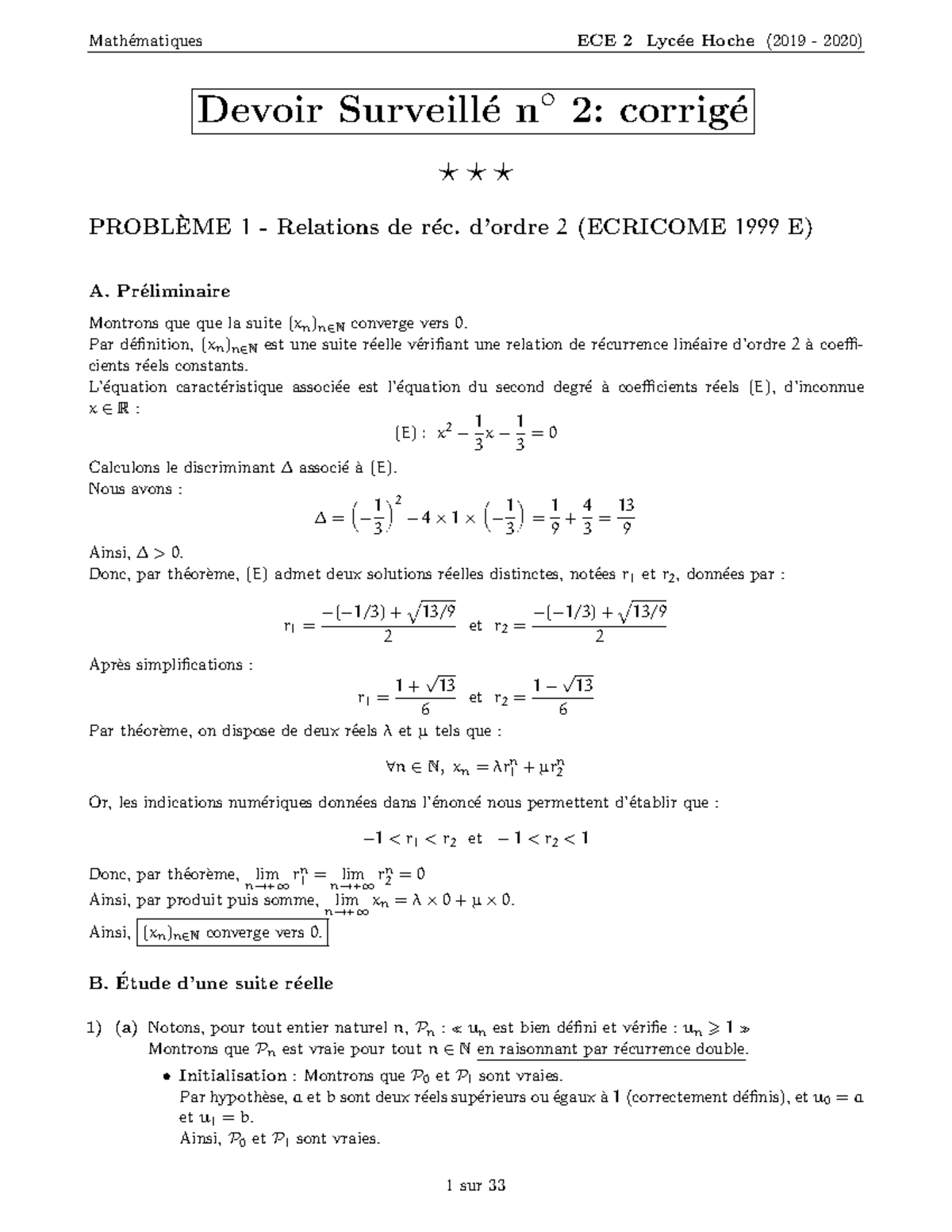 DS n°2 Cor - DS maths - Devoir Surveill ́e n 2: corrig ́e ⋆ ⋆ ⋆ ...