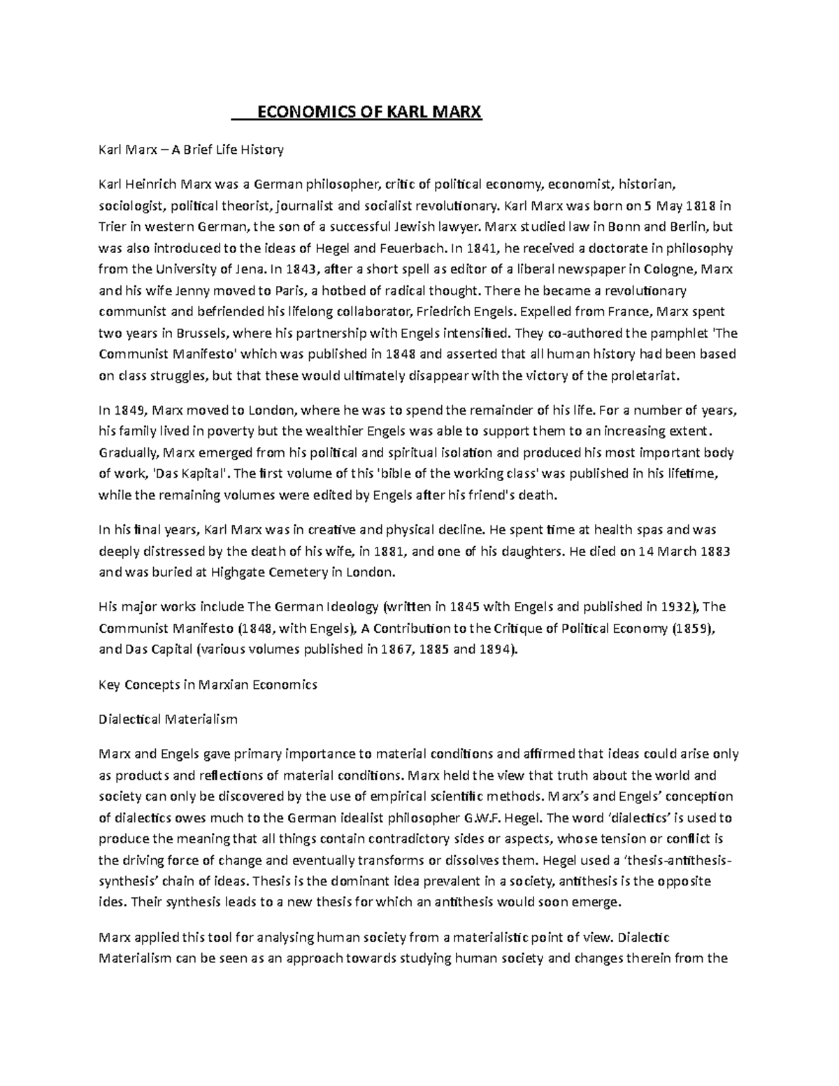 Economics OF KARL MARX - ECONOMICS OF KARL MARX Karl Marx – A Brief ...