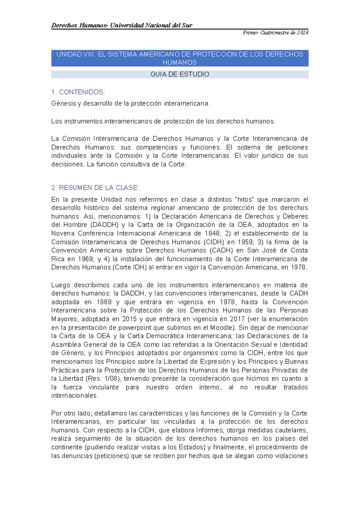 DDHH Guía de Estudio Unidad VIII Primer Cuatr 2024 - Derechos Humanos- Universidad Nacional del ...