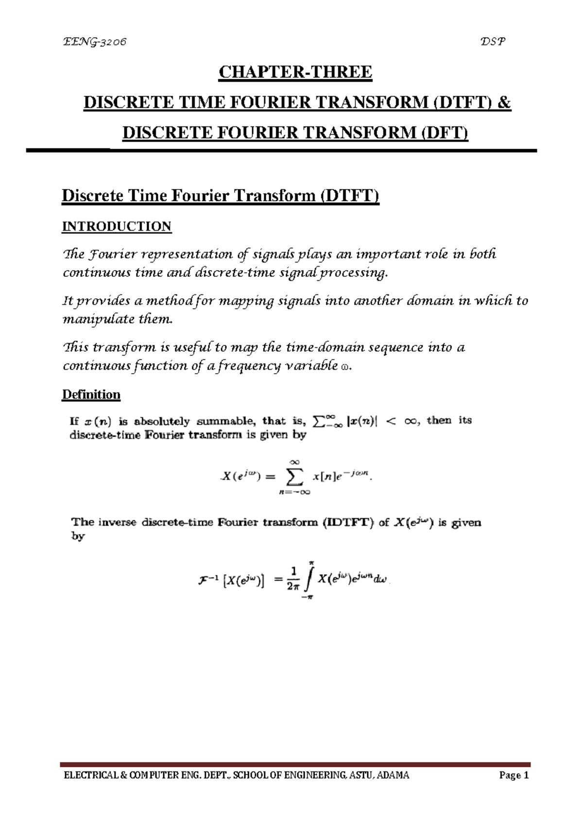 Chapter Three - CHAPTER-THREE DISCRETE TIME FOURIER TRANSFORM (DTFT) & DISCRETE FOURIER - Studocu