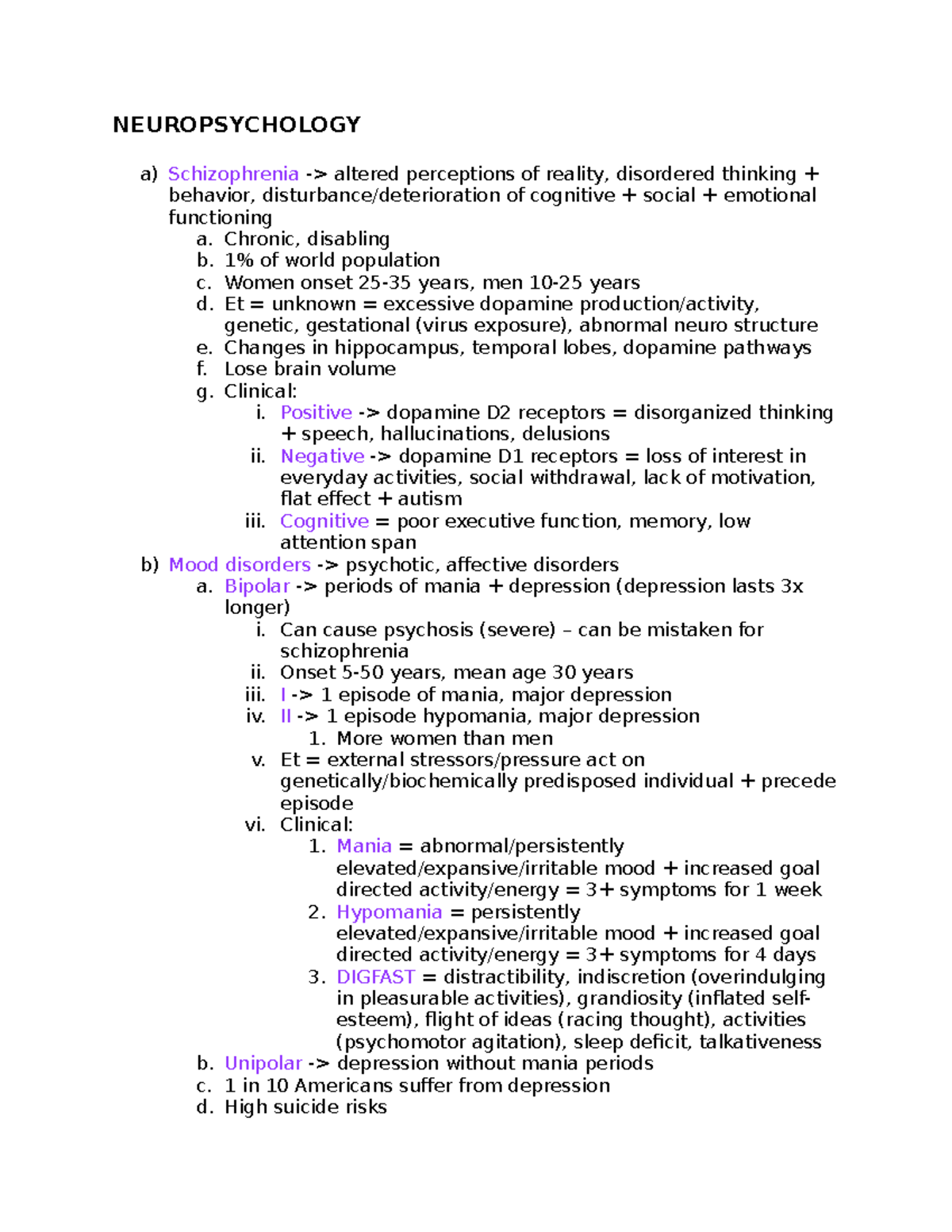 Neuropsychology - NEUROPSYCHOLOGY a) Schizophrenia -> altered ...