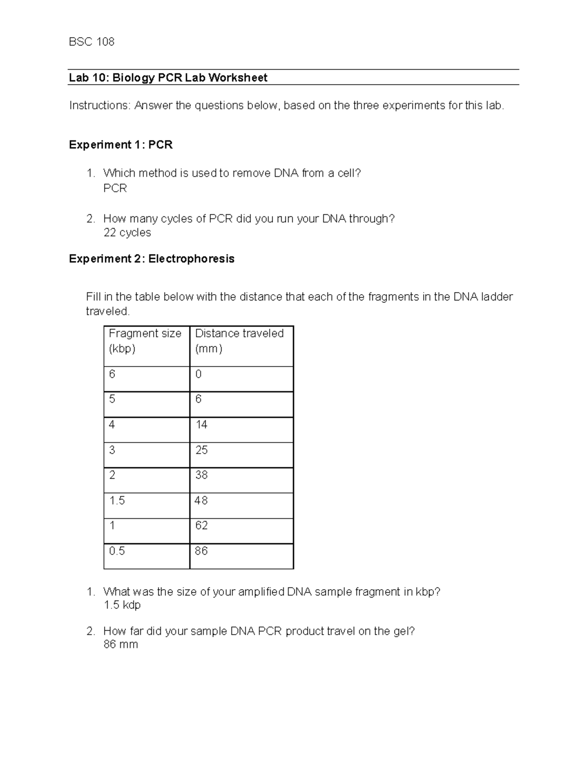 Lab Worksheet 10 - Lab 10 - BSC 108 Lab 10: Biology PCR Lab Worksheet Instructions: Answer the ...