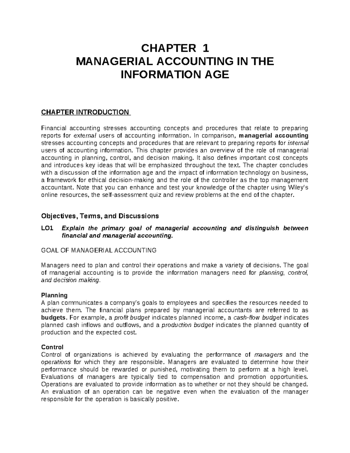 Ch01 - chapter 1 - CHAPTER 1 MANAGERIAL ACCOUNTING IN THE INFORMATION ...