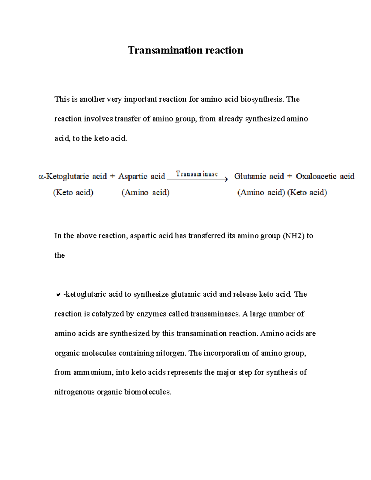 Transamination Reaction Notes - Transamination reaction This is another ...