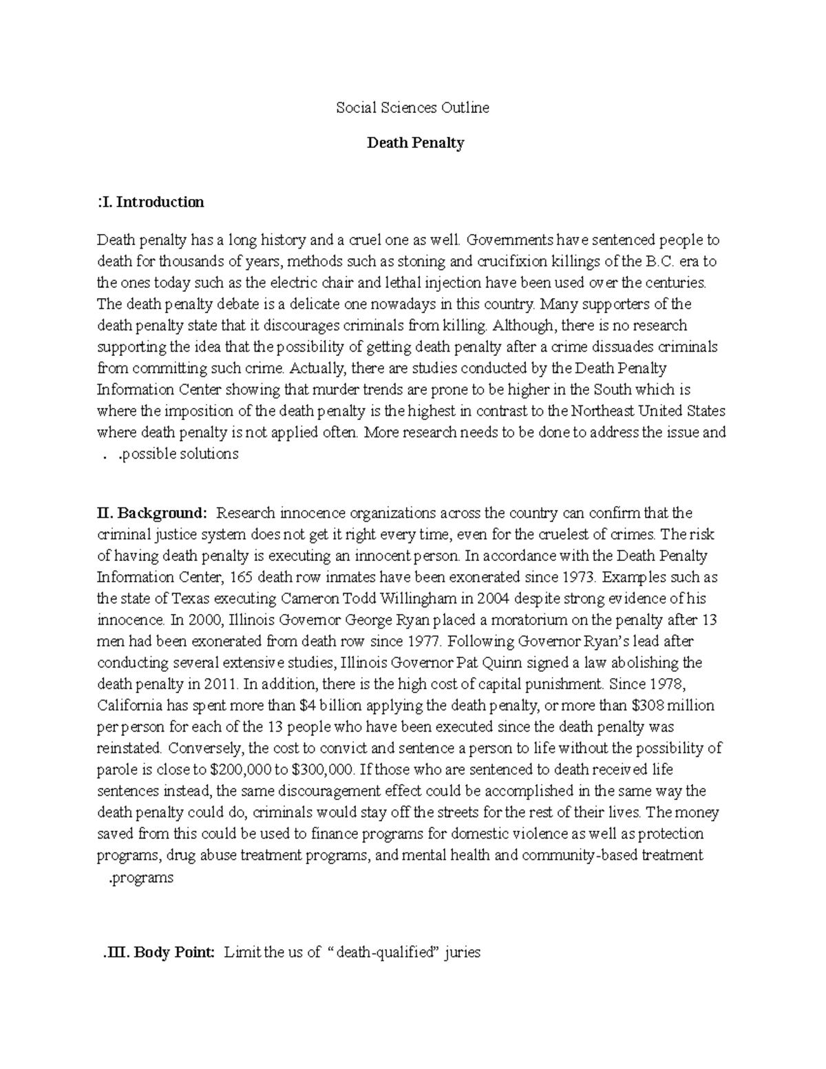 Social Sciences Outline Death Penalty - Introduction Death penalty has ...