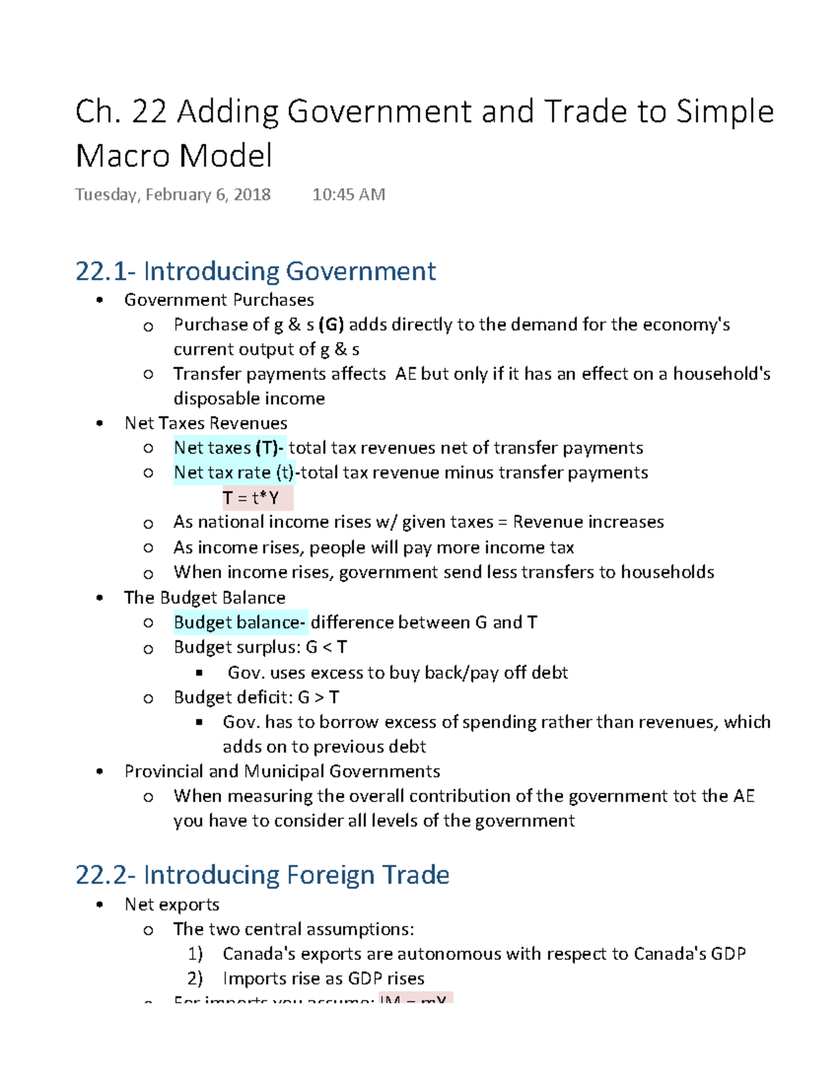 Ch. 22 Adding Government and Trade to Simple Macro Model - 22 ...