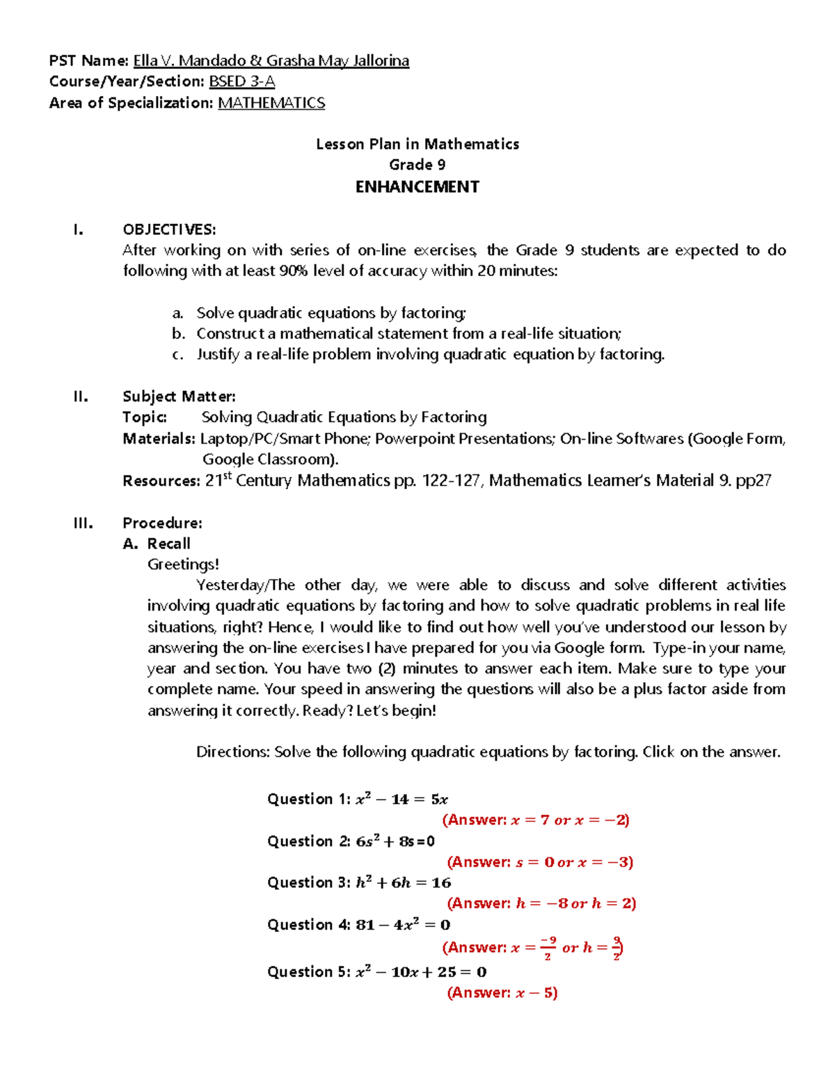 Enhancement Lesson Plan- Grade 9 (Mathematics) - PST Name: Ella V ...