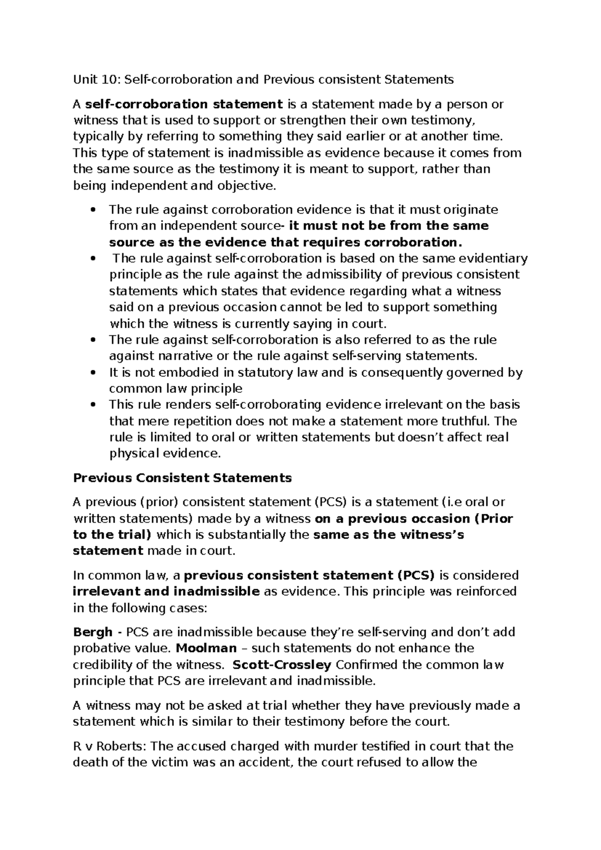 Evidence - Unit 10: Self-corroboration and Previous consistent ...