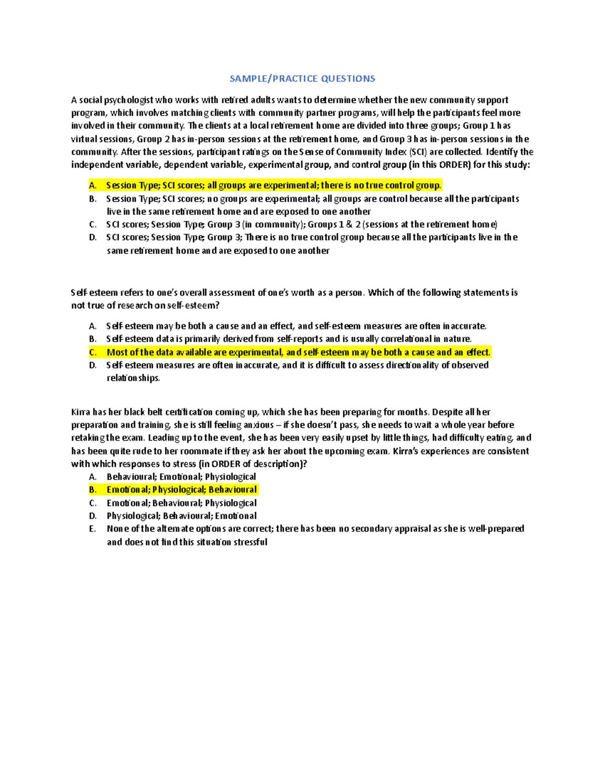 Sample Questions Answer Key - SAMPLE/PRACTICE QUESTIONS A social ...