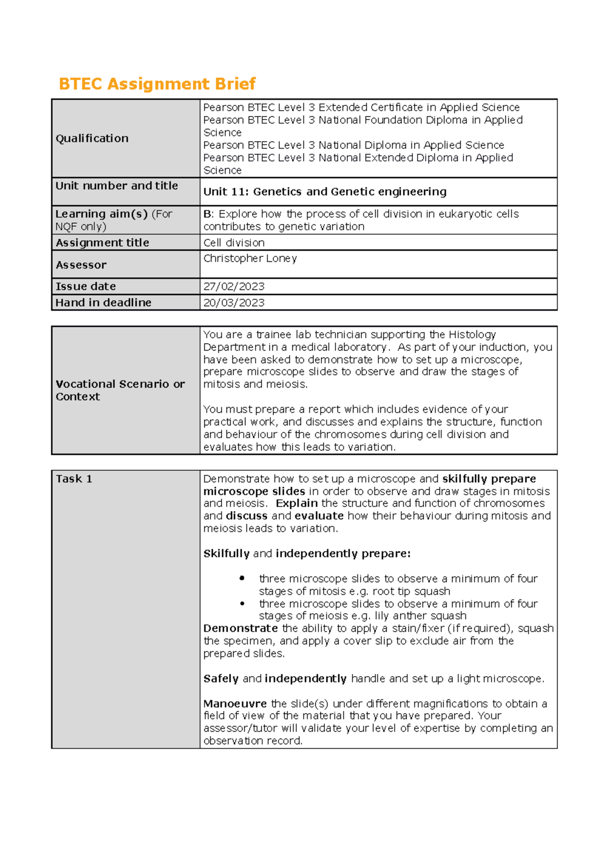 Cell division assignment - BTEC Assignment Brief Qualification Pearson ...