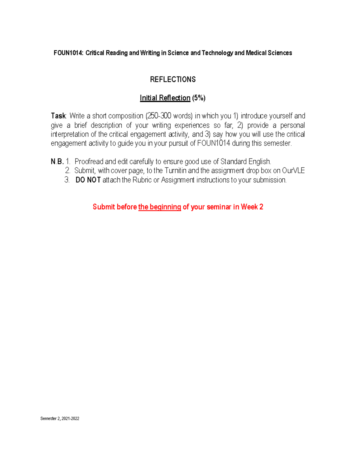 # 1 - Initial Reflection + Rubric - Summer School, 2021-22 - Semester 2 ...