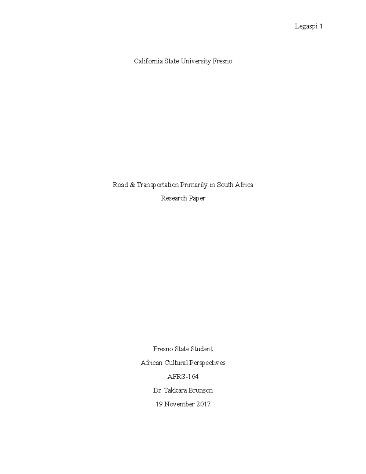 Road & Transportation Primarily in South Africa Research Paper ...