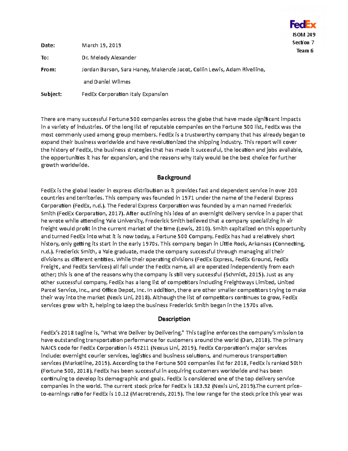 Team Report for Alexander - Date: March 19, 2019 To: Dr. Melody ...