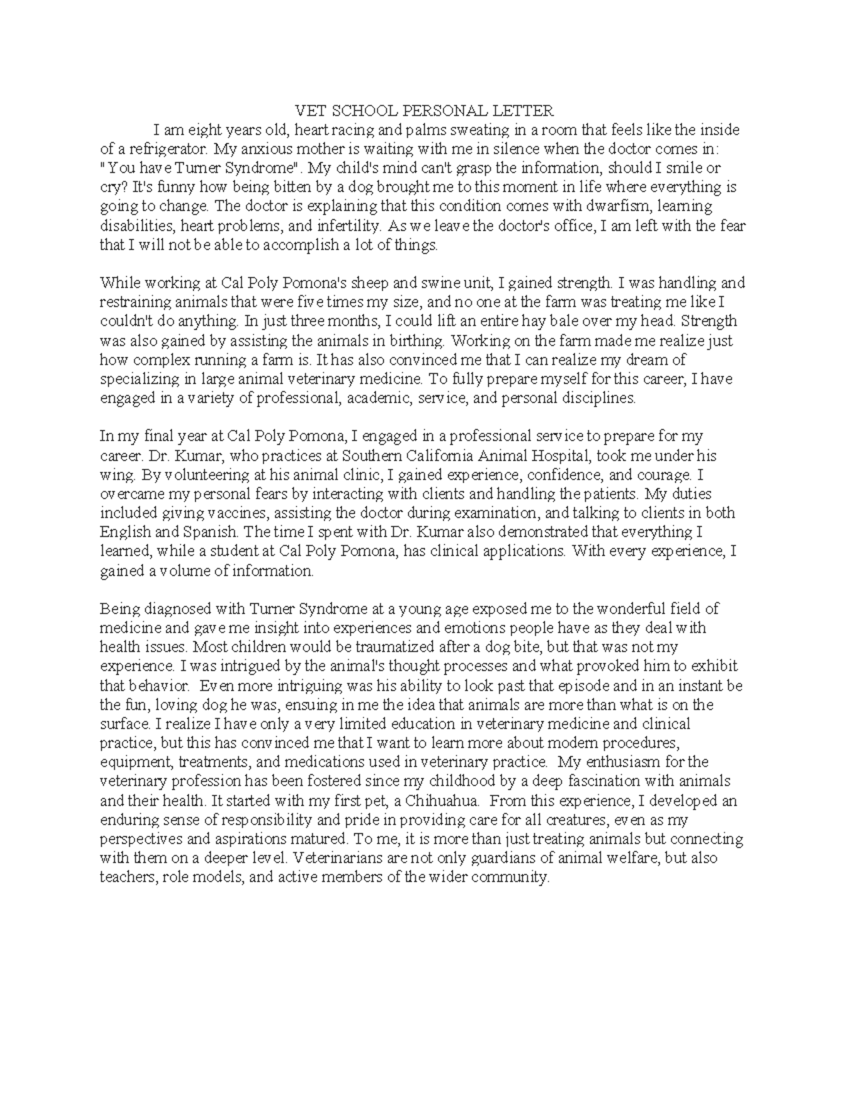 VET School Personal Letter - VET SCHOOL PERSONAL LETTER I am eight ...