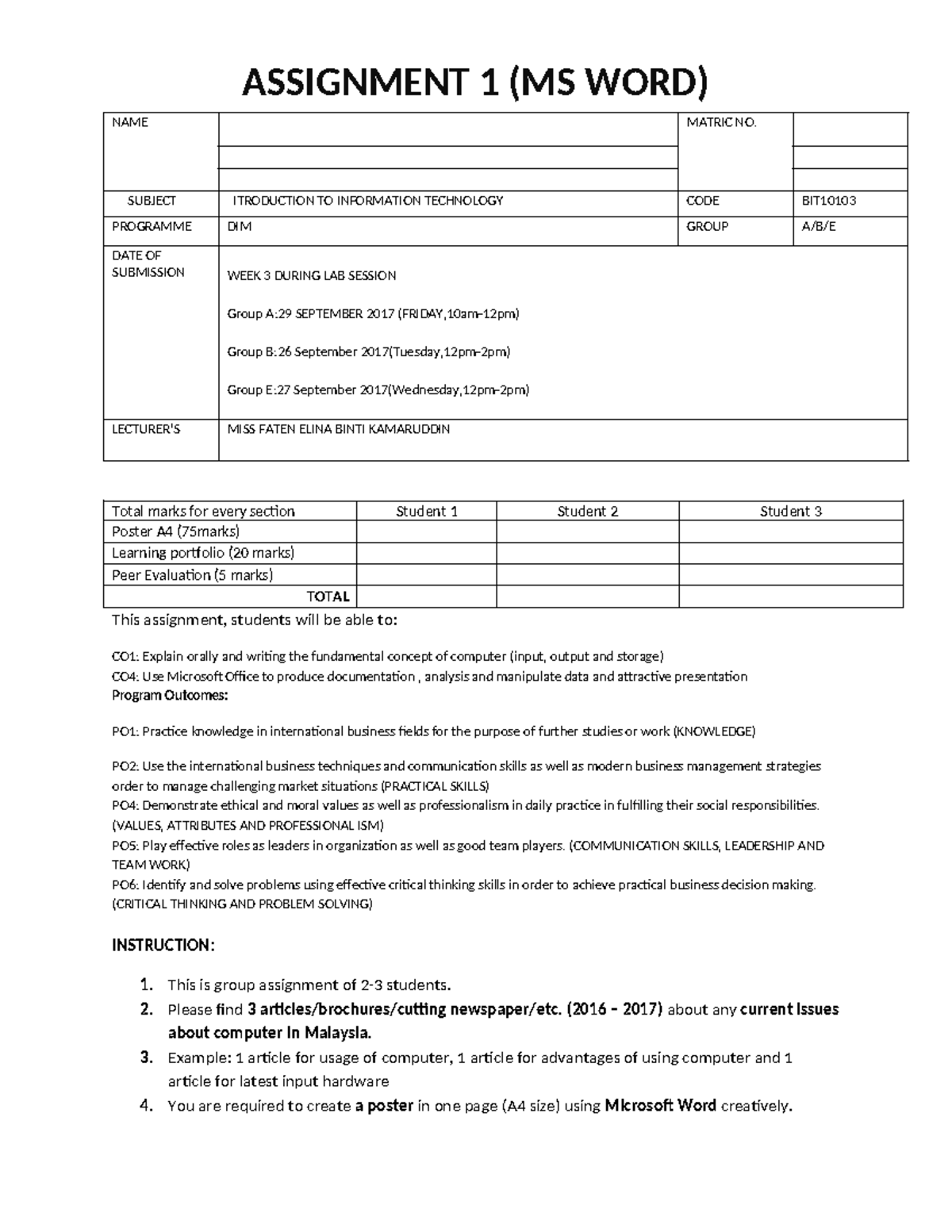 Asingnment 3 - dgadg - ASSIGNMENT 1 (MS WORD) NAME MATRIC NO. SUBJECT ...