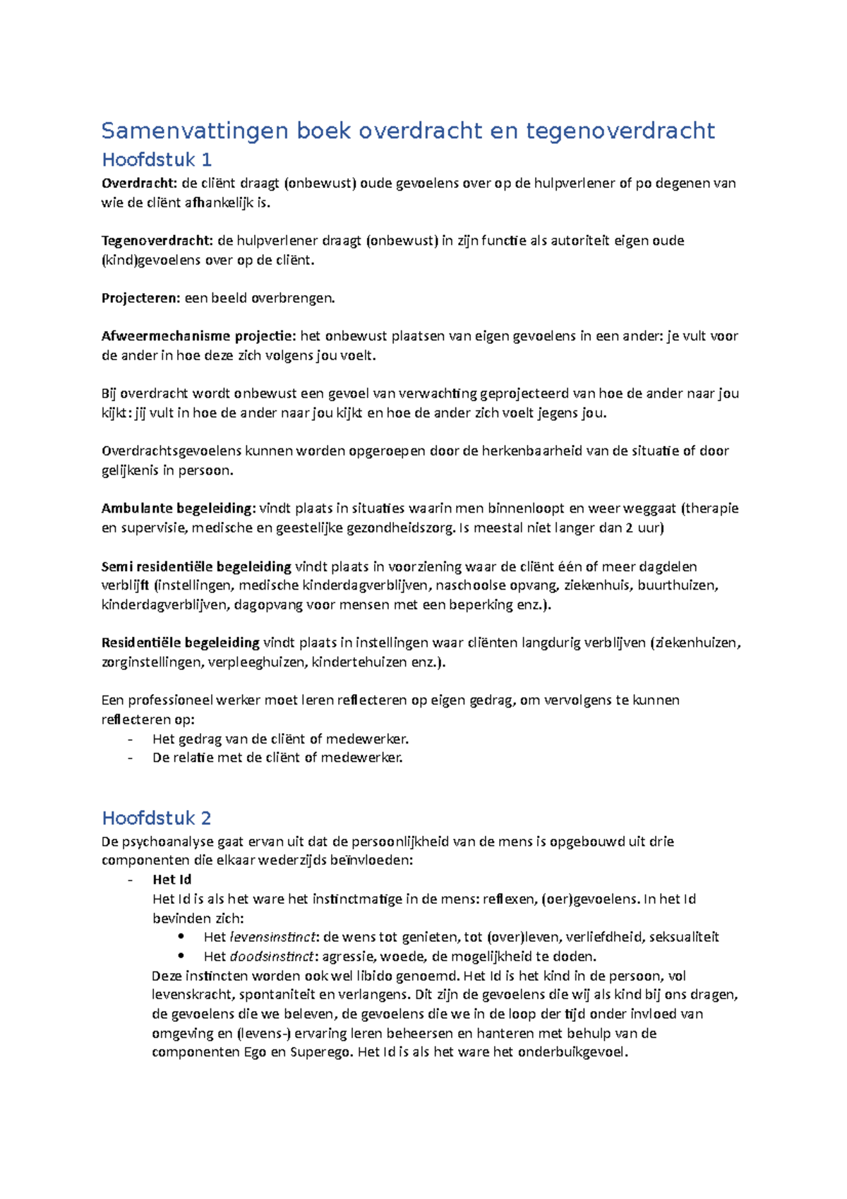 Samenvattingen overdracht en tegenoverdracht hst 1 en 2 ...