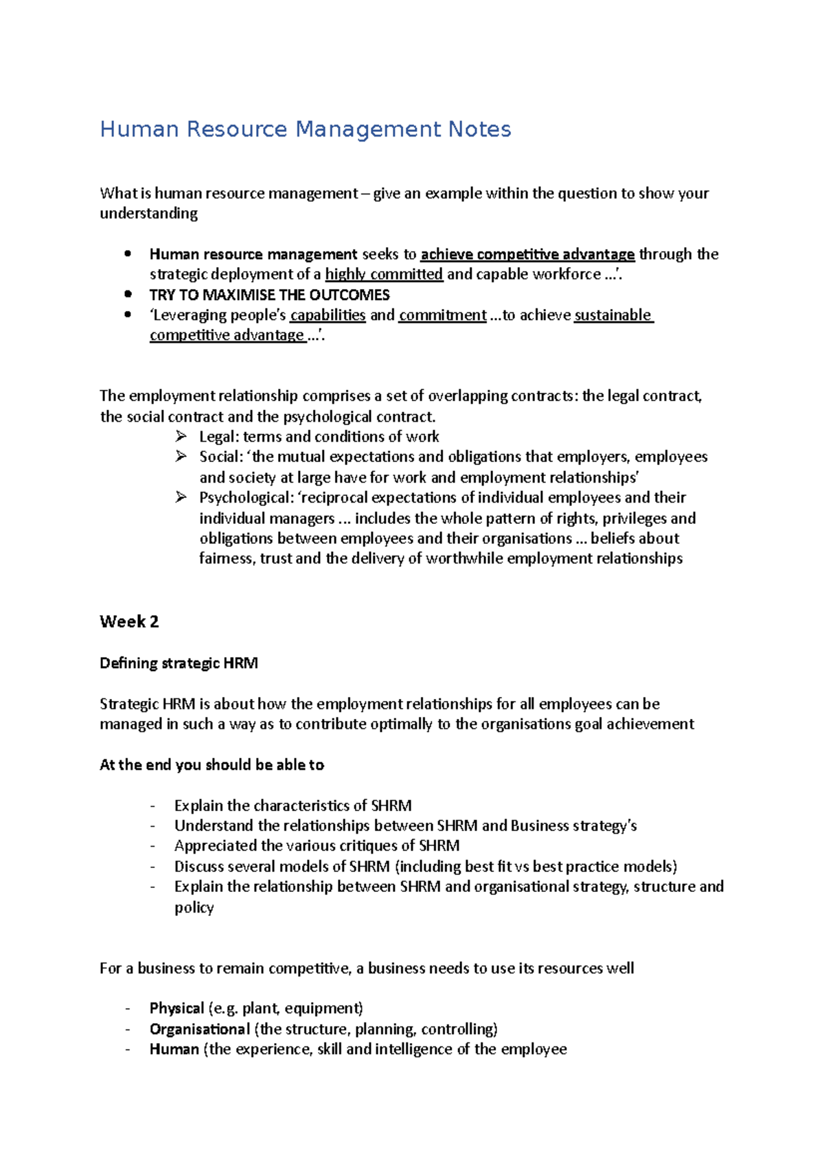 Human Resource Management Notes - ..’. TRY TO MAXIMISE THE OUTCOMES ...