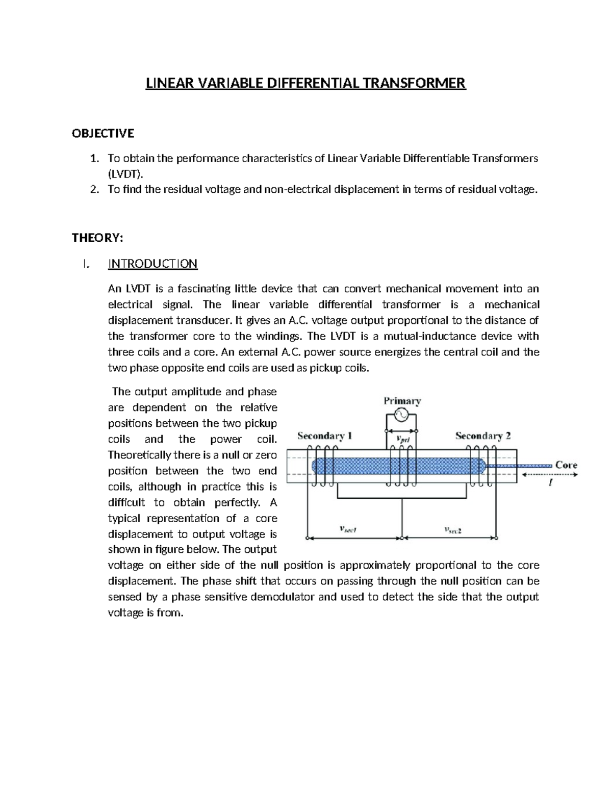 Linear Variable Differential Transformer Linear Variable Differential Transformer Objective 1