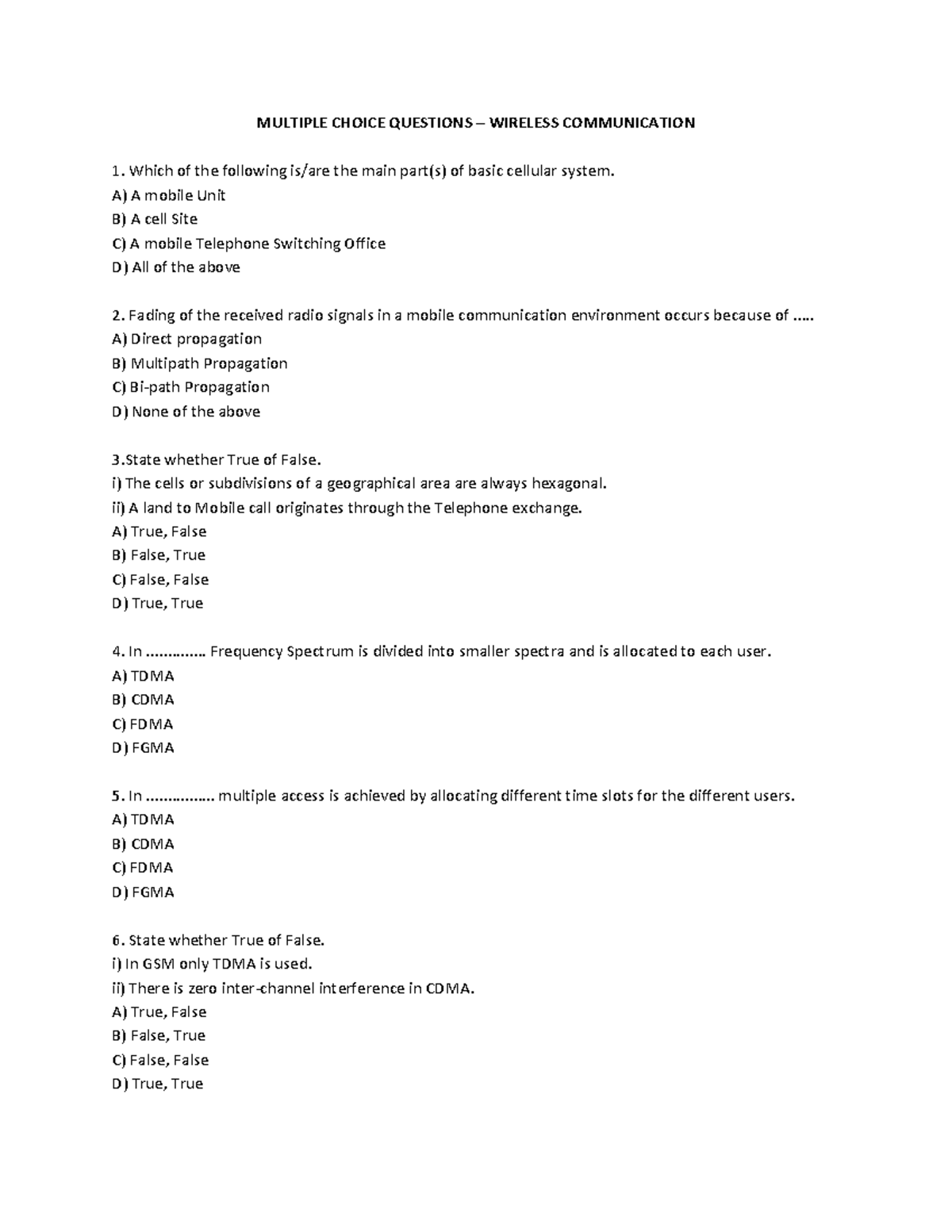 Mobile Com - MULTIPLE CHOICE QUESTIONS – WIRELESS COMMUNICATION Which ...