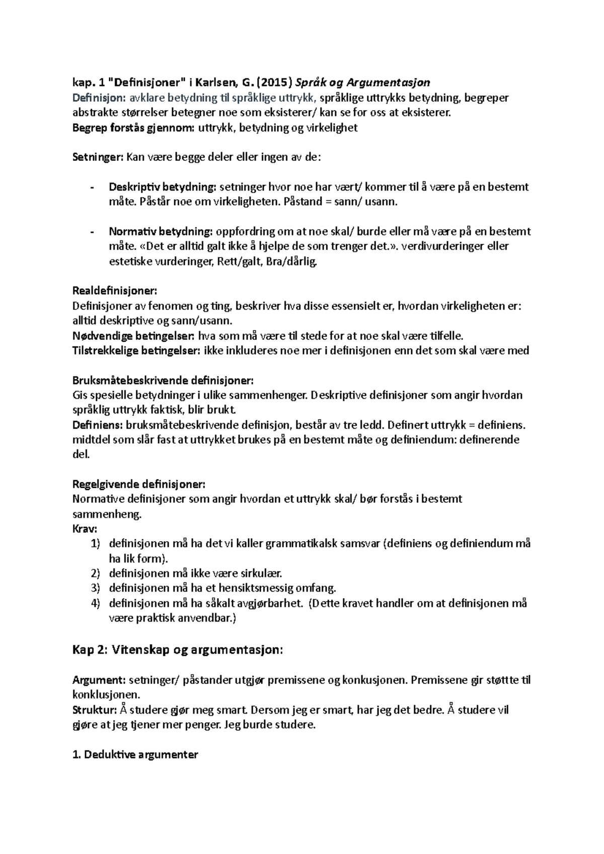 Exphil forelesninger - Notater fra forelesning - kap. 1 "Definisjoner" i Karlsen, G. - Studocu